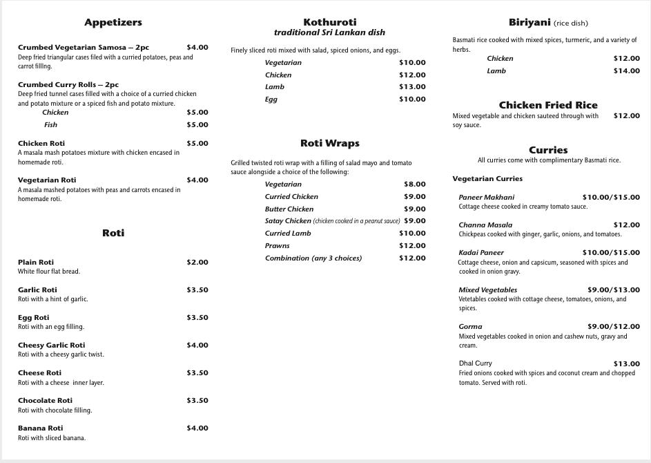 Menu at Roti Variety restaurant, Wellington