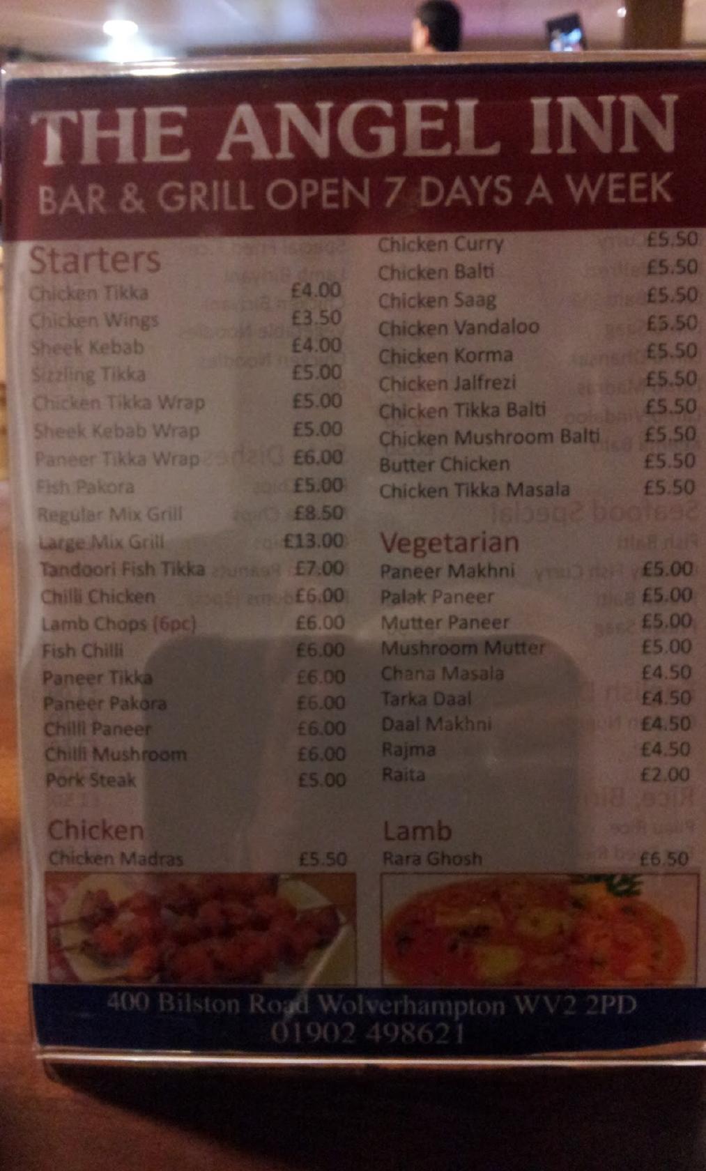 Menu at The Angel Inn pub & bar, Wolverhampton