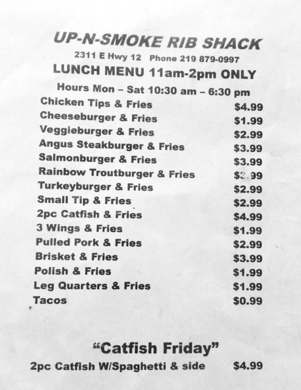Menu at Up N Smoke Rib Shack BBQ, Michigan City, E US Highway 12