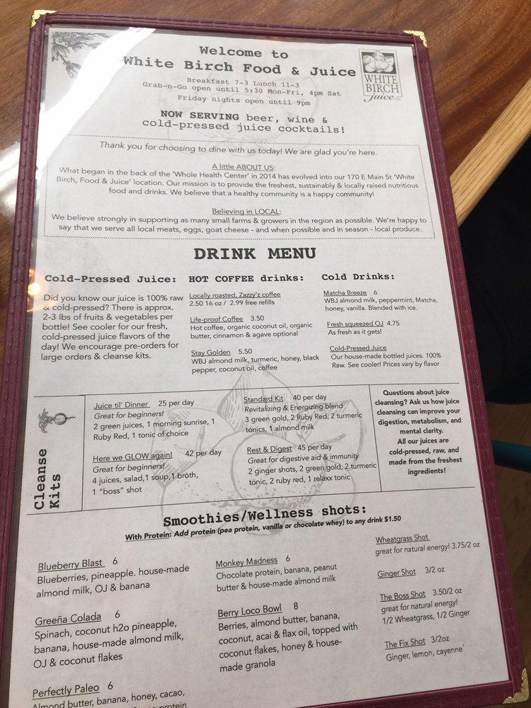 Menu at White Birch | Food + Juice pub & bar, Abingdon, 170 E Main St