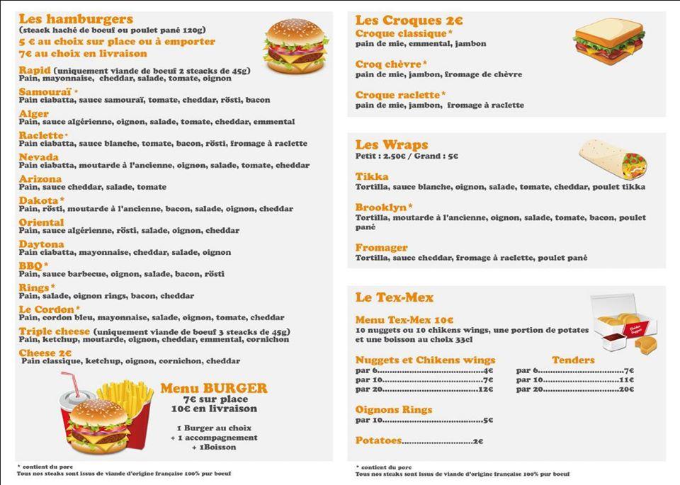 Menu au rapid burger restaurant, Cahors