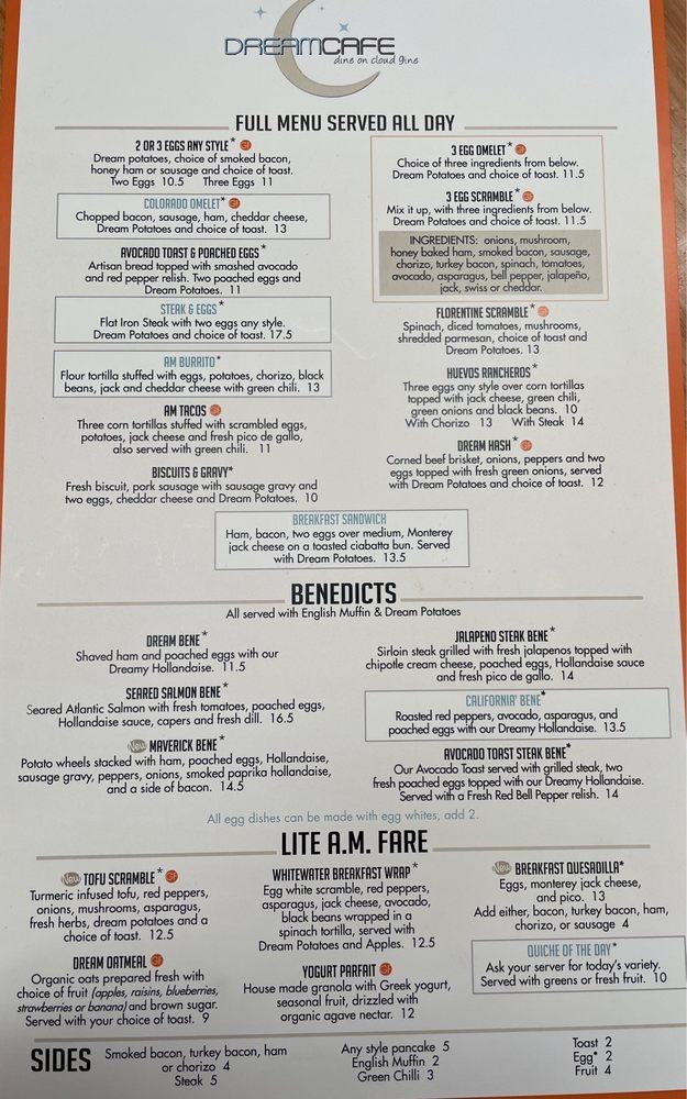 Menu at Dream Cafe, Grand Junction