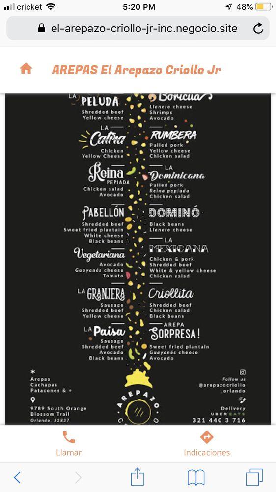 Menu at Arepazo Criollo restaurant, Orlando