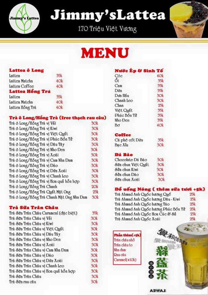 Menu at Jimmy's Lattea, Hanoi