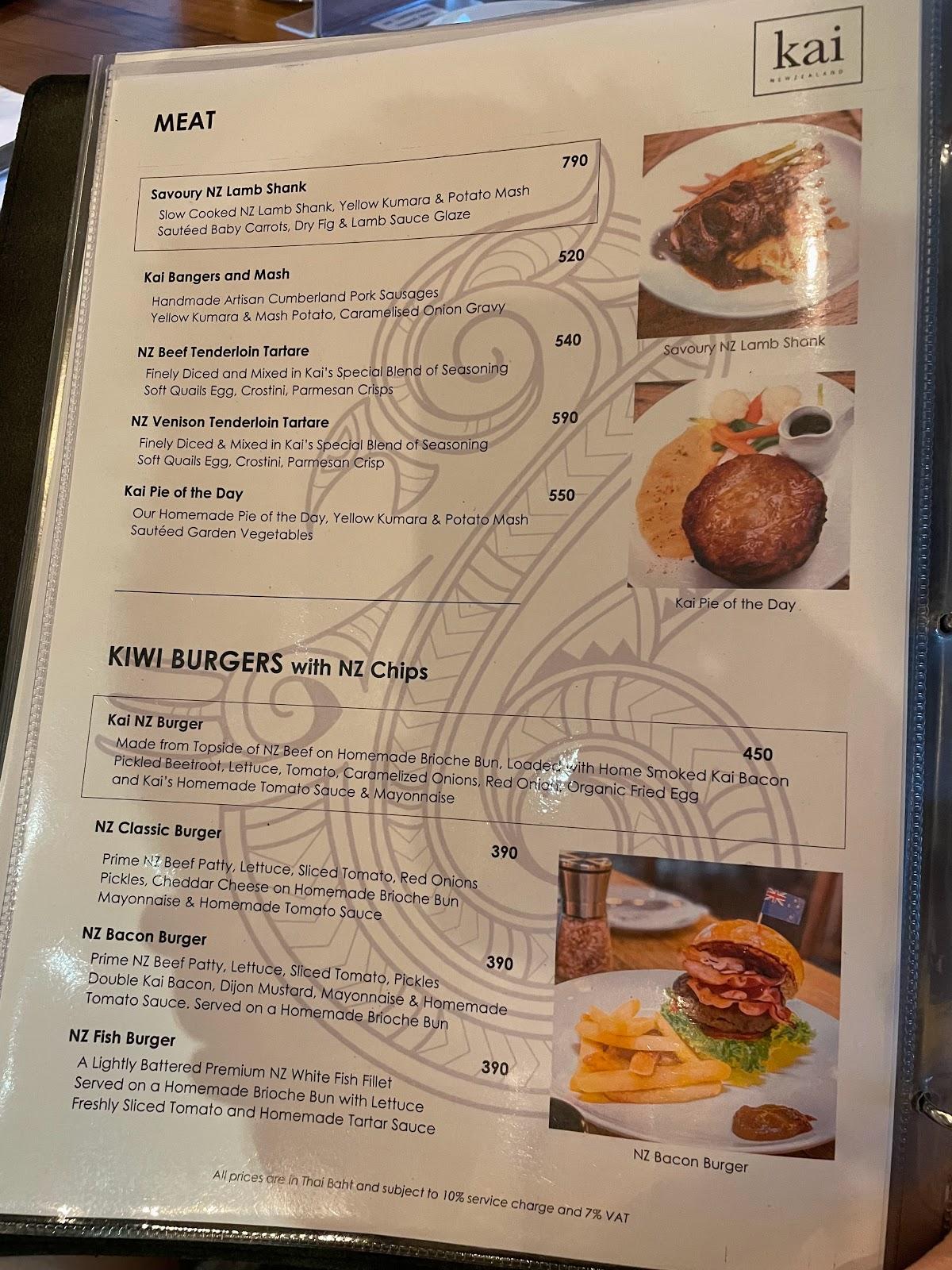 Menu at Kai New Zealand Restaurant, Bangkok