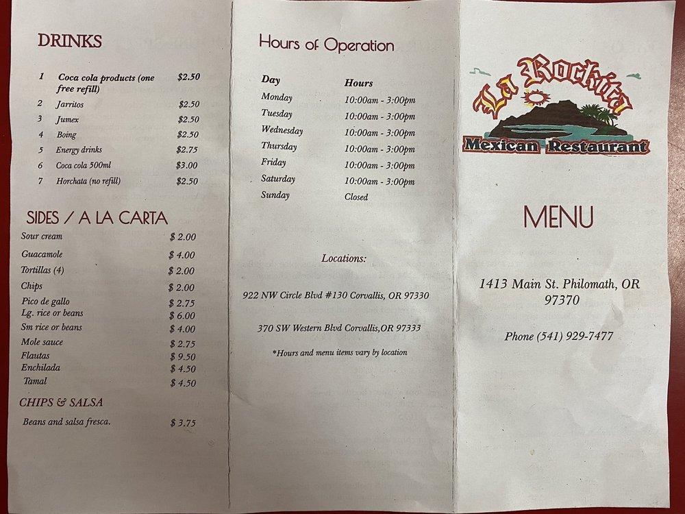 Menu at La Rockita restaurant, Philomath, Main St