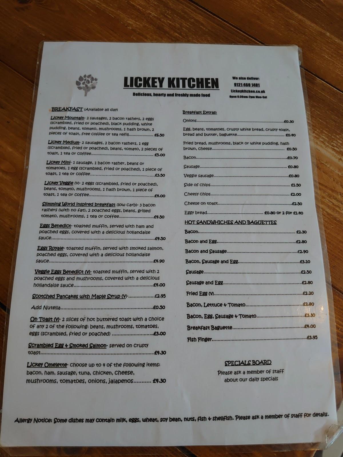 Menu at Lickey Kitchen cafe, Birmingham, 498 Lickey Rd