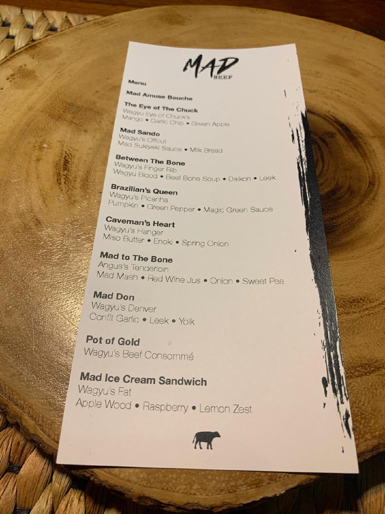 Menu at MAD BEEF restaurant, Bangkok