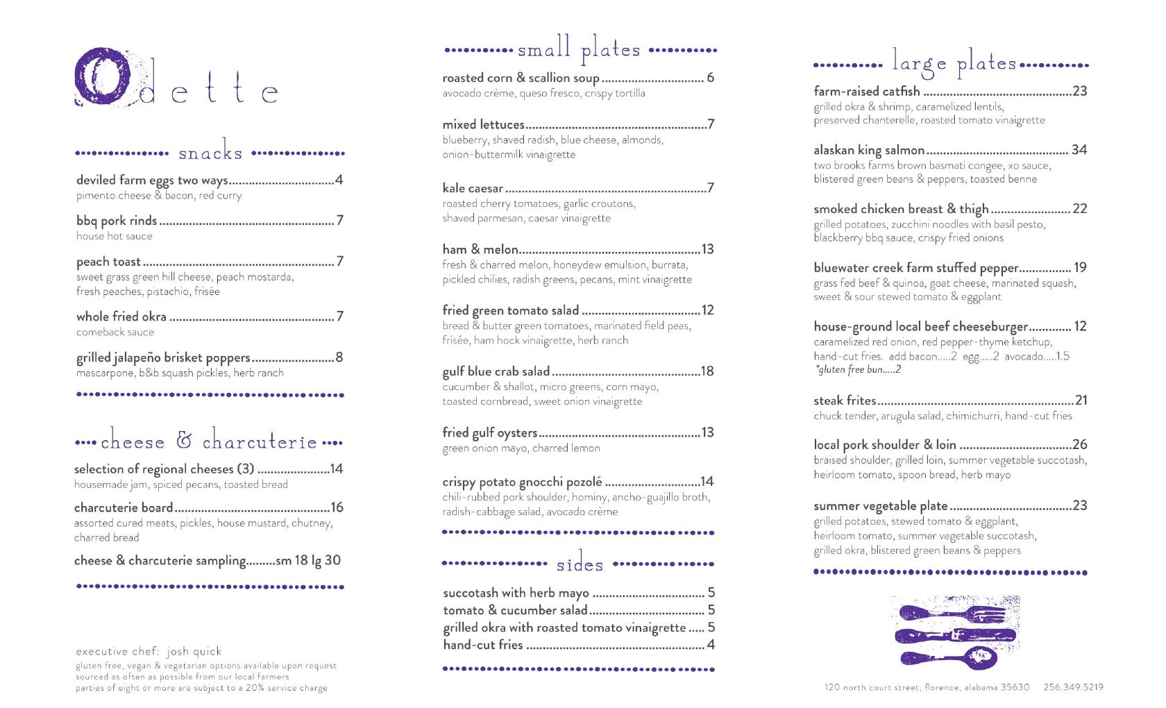Menu at Odette pub & bar, Florence