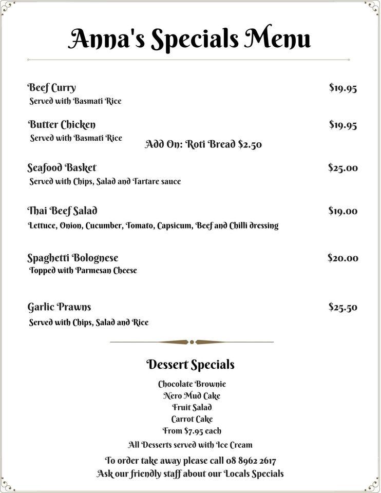Menu at Anna's Restaurant, Tennant Creek