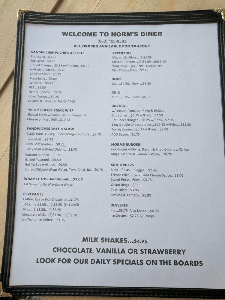 Menu at Norm's Diner restaurant, Groton
