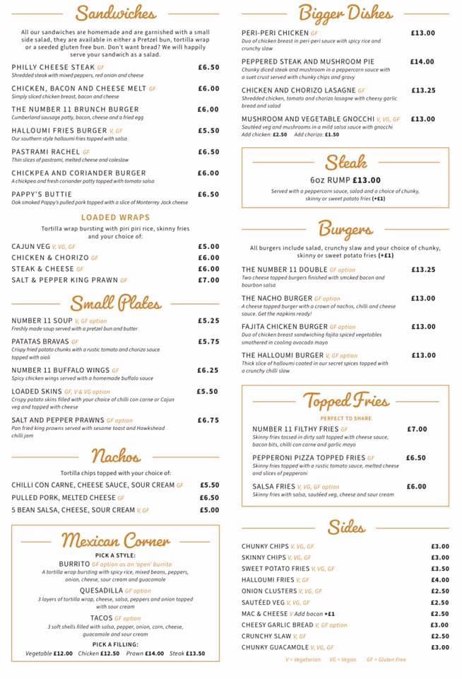 Menu at Number 11 restaurant and bar, Whitehaven