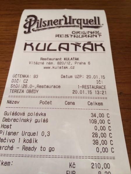 Menu at Restaurant Kulaťák, Prague
