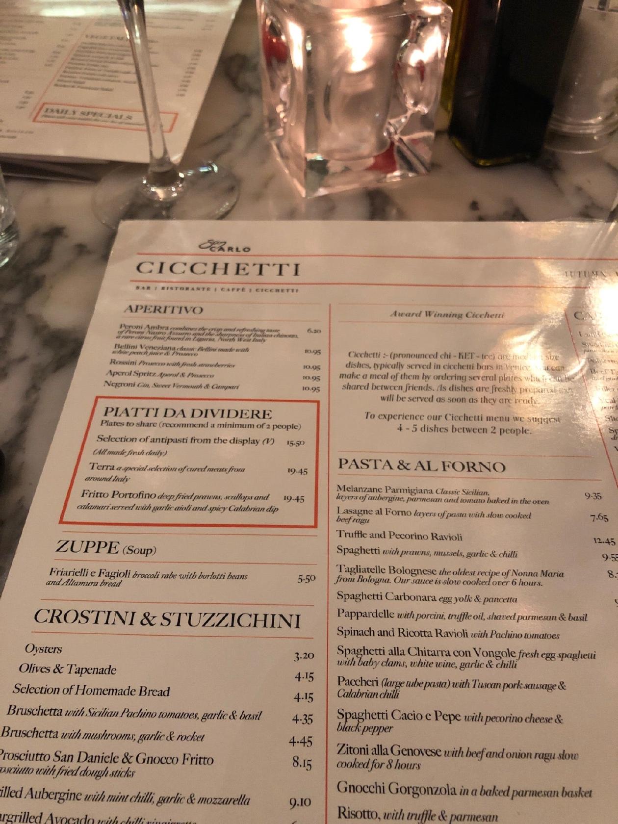 Menu at San Carlo Cicchetti restaurant, London, 215 Piccadilly