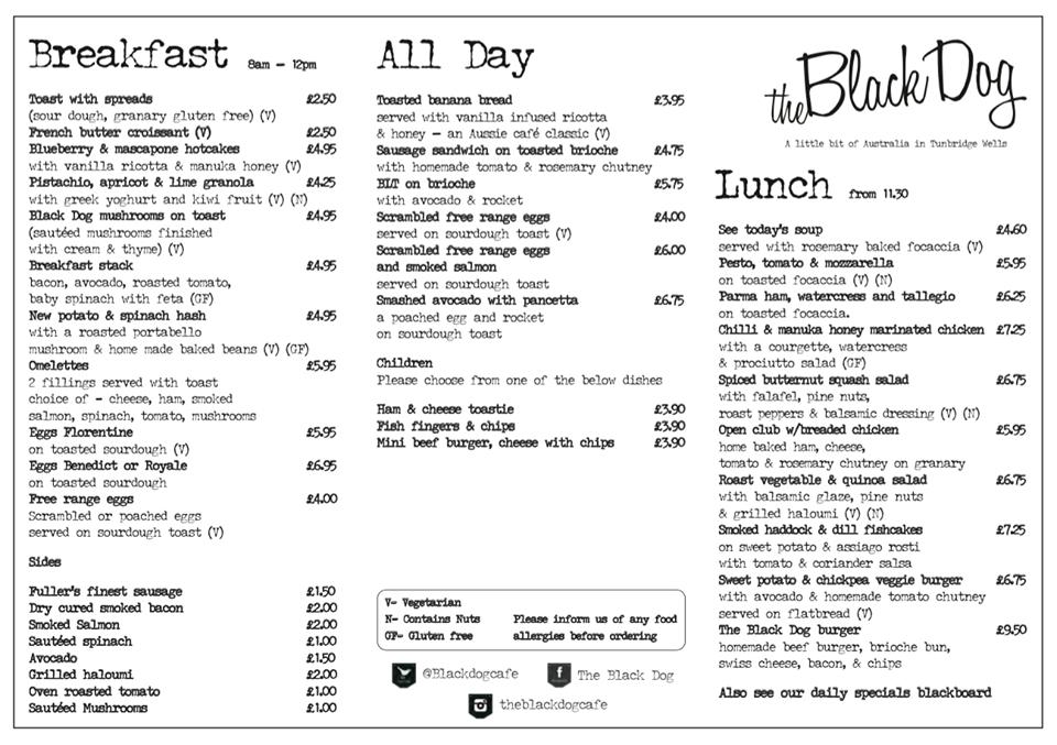 Menu at The Black Dog cafe, Royal Tunbridge Wells