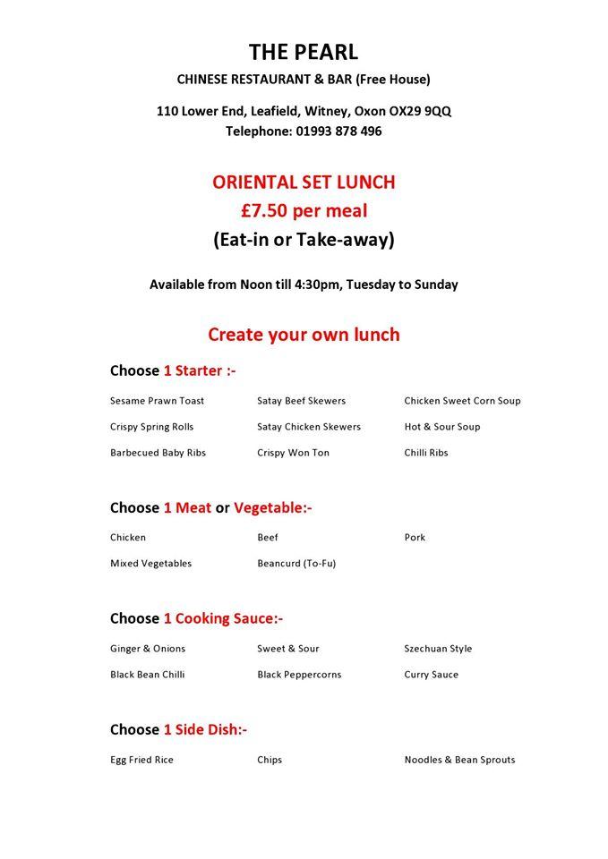 Menu at The Pearl restaurant, Leafield