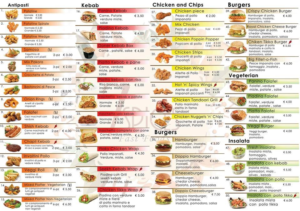 Menu at 7 Spices restaurant, Reggio Emilia