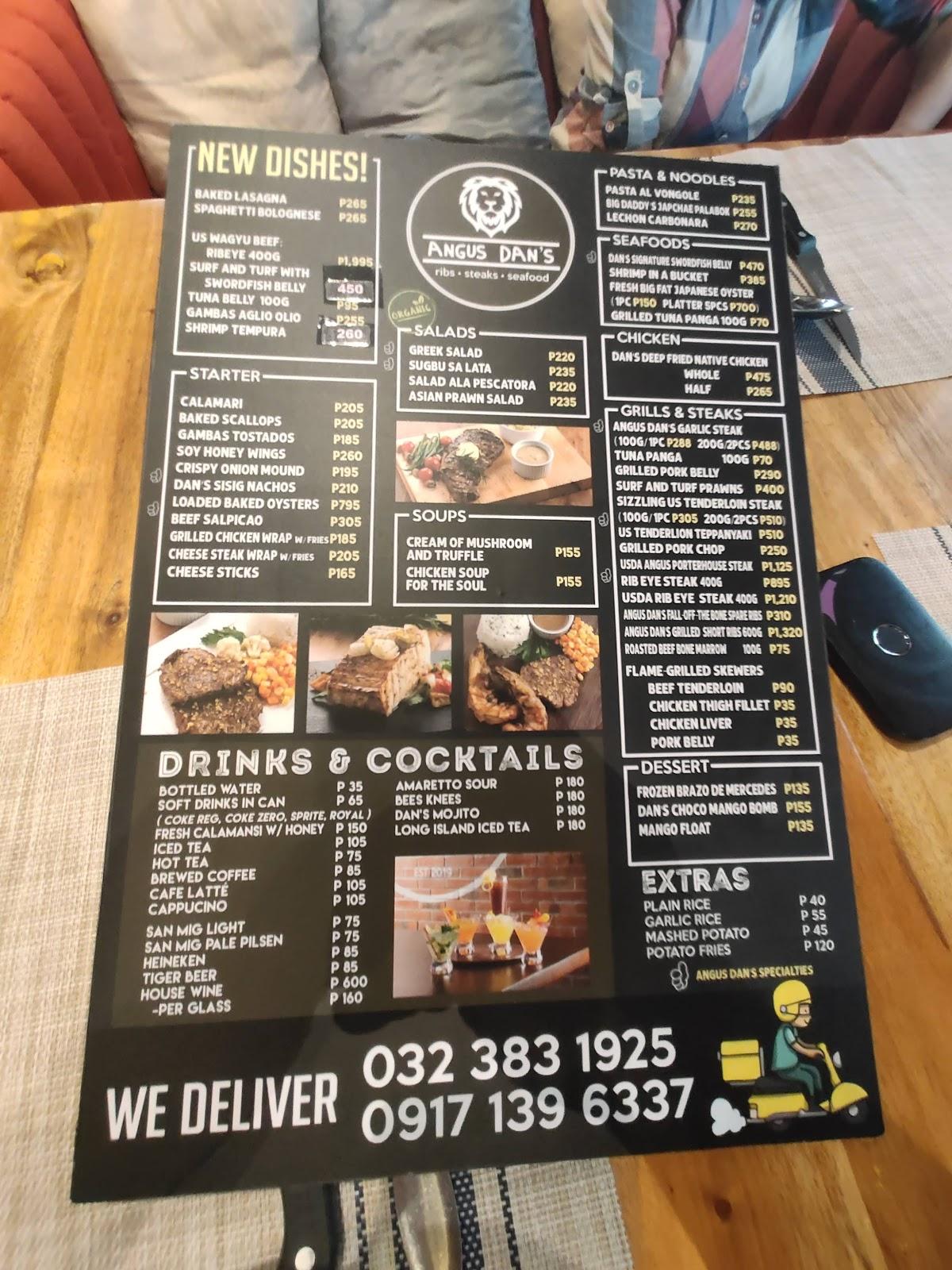 Menu at Angus Dan's steakhouse, Cebu City