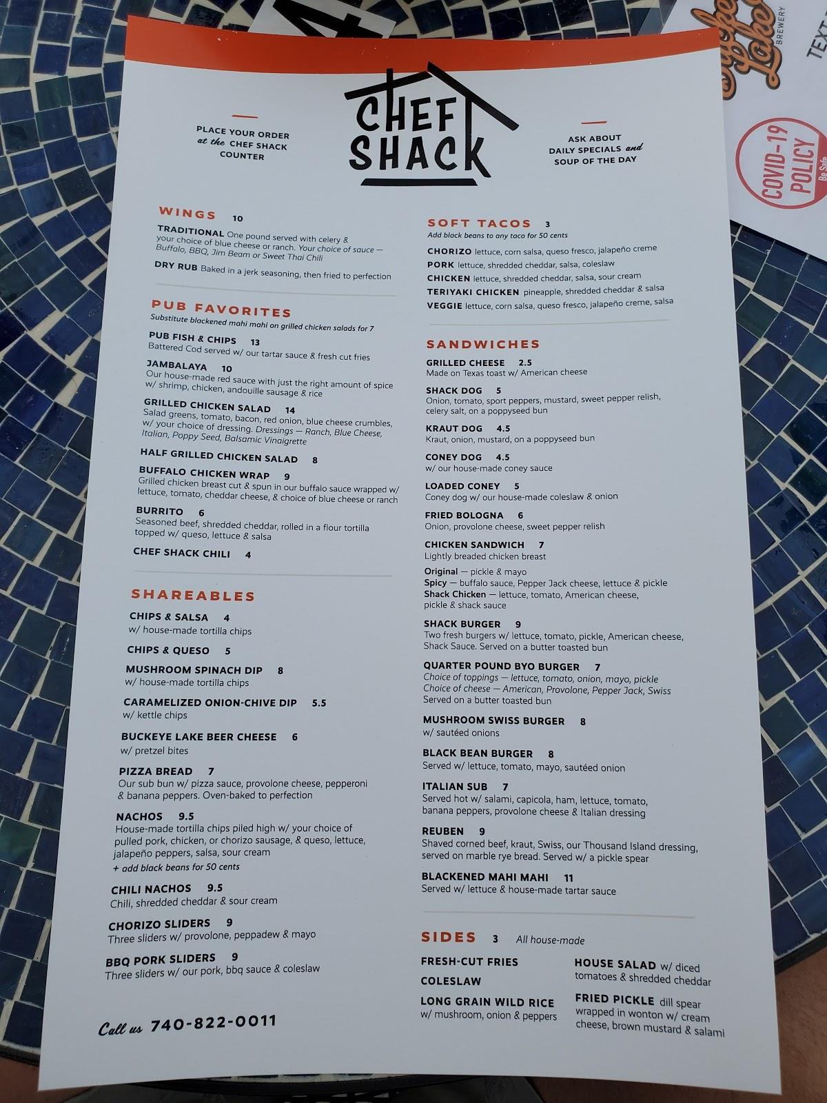 Menu at Chef Shack restaurant, Buckeye Lake