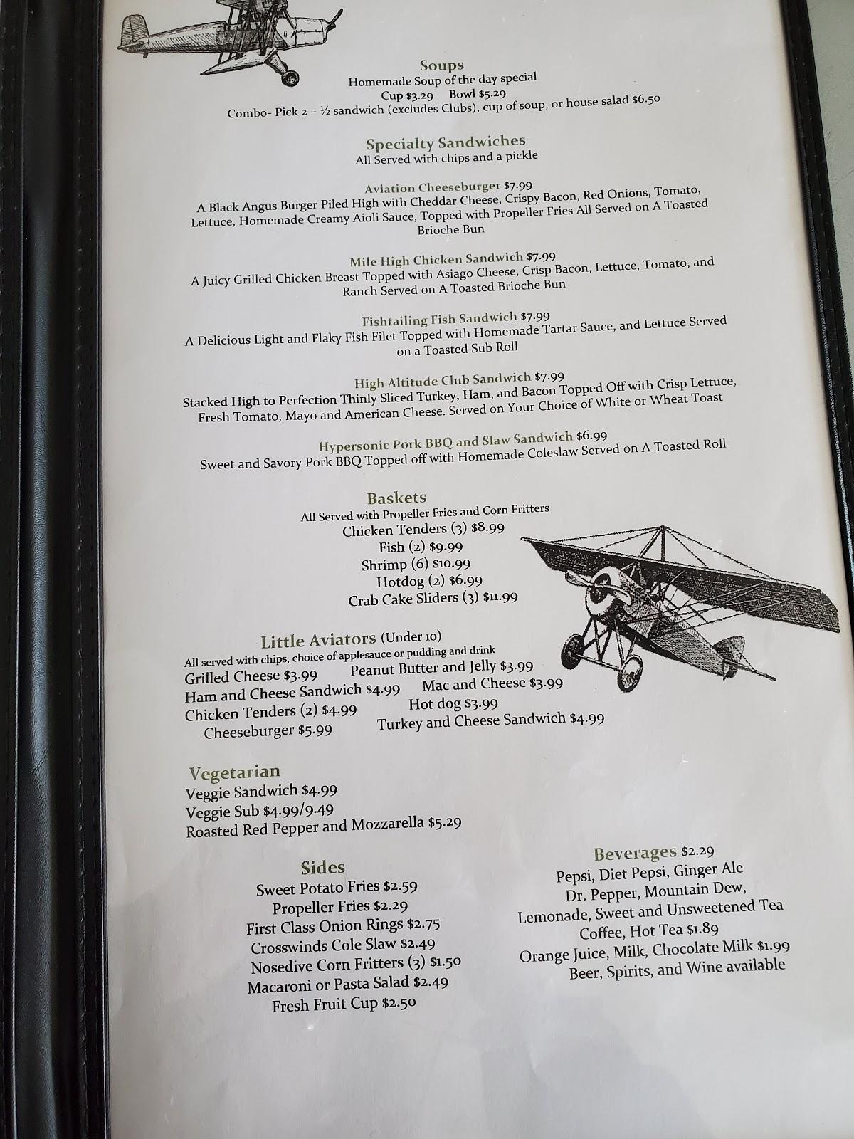 Menu at Crosswinds Cafe, Martinsburg, 170 Aviation Way