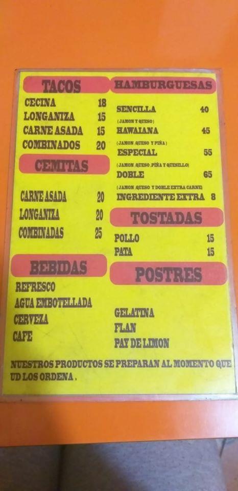 Carta del restaurante El Compadre, Villa Vicente Guerrero