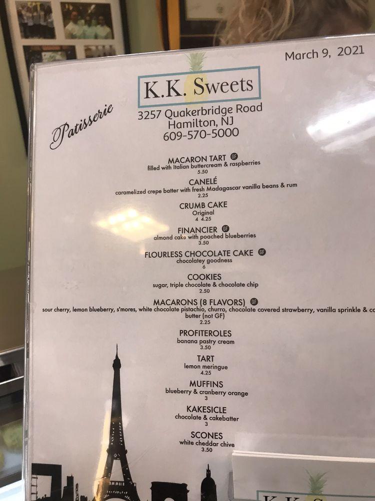 Menu at K.K. Sweets cafe, Hamilton Township
