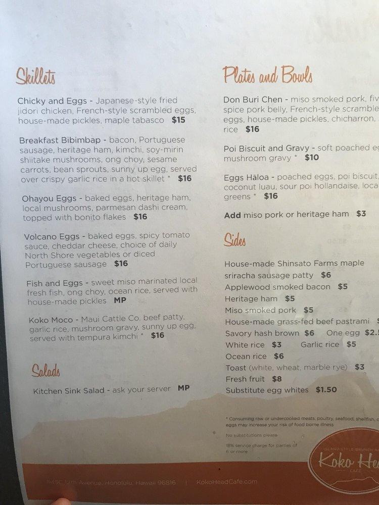 Menu at Koko Head Cafe, Honolulu