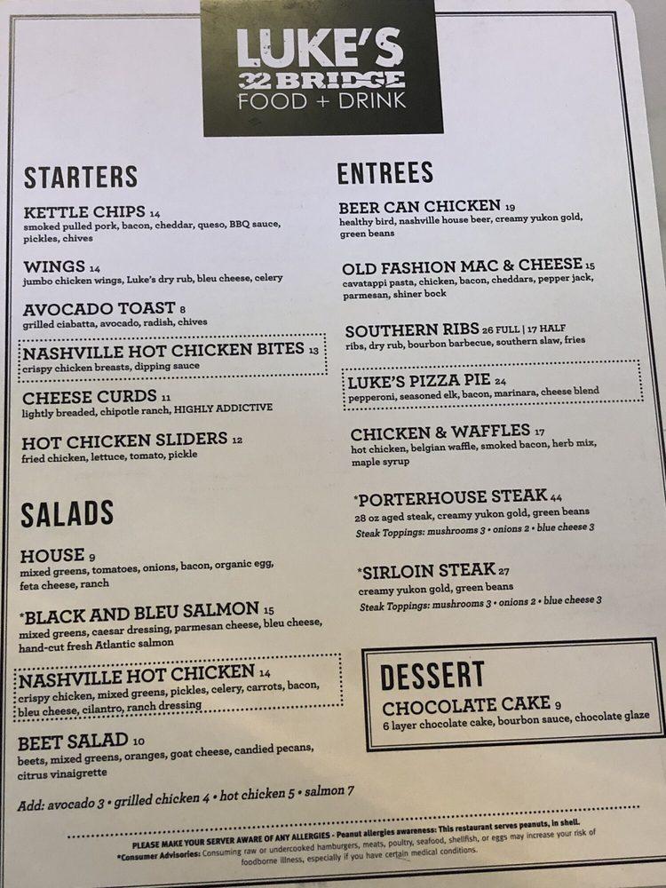 Menu at Luke's 32 Bridge restaurant, Nashville