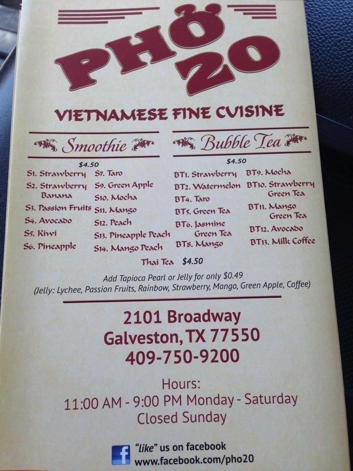 Menu at Pho 20 restaurant, Galveston