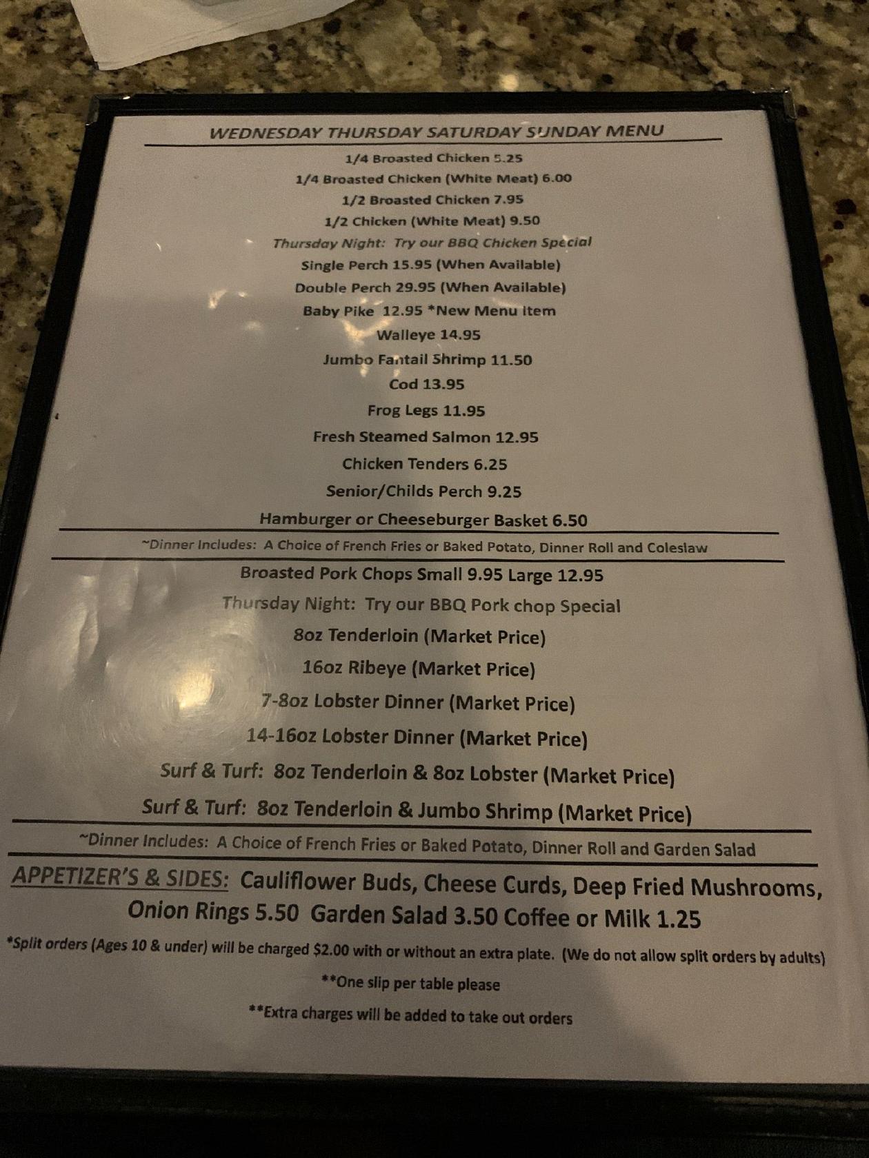 Menu at Redwood Inn restaurant, Green Bay, Main St