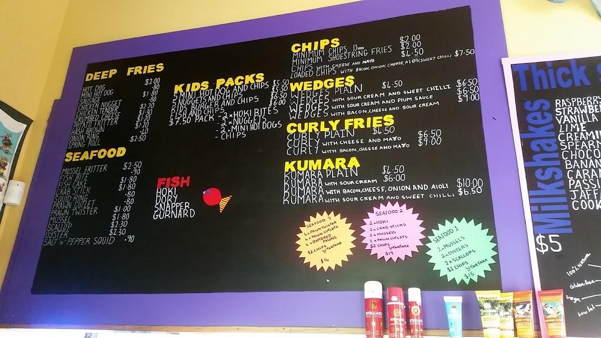 Menu at Sharkeys restaurant, Baylys Beach