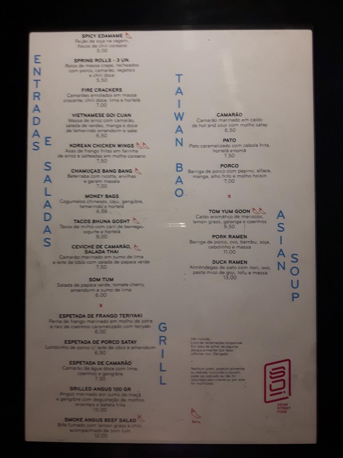 Menu at Soi restaurant, Lisbon