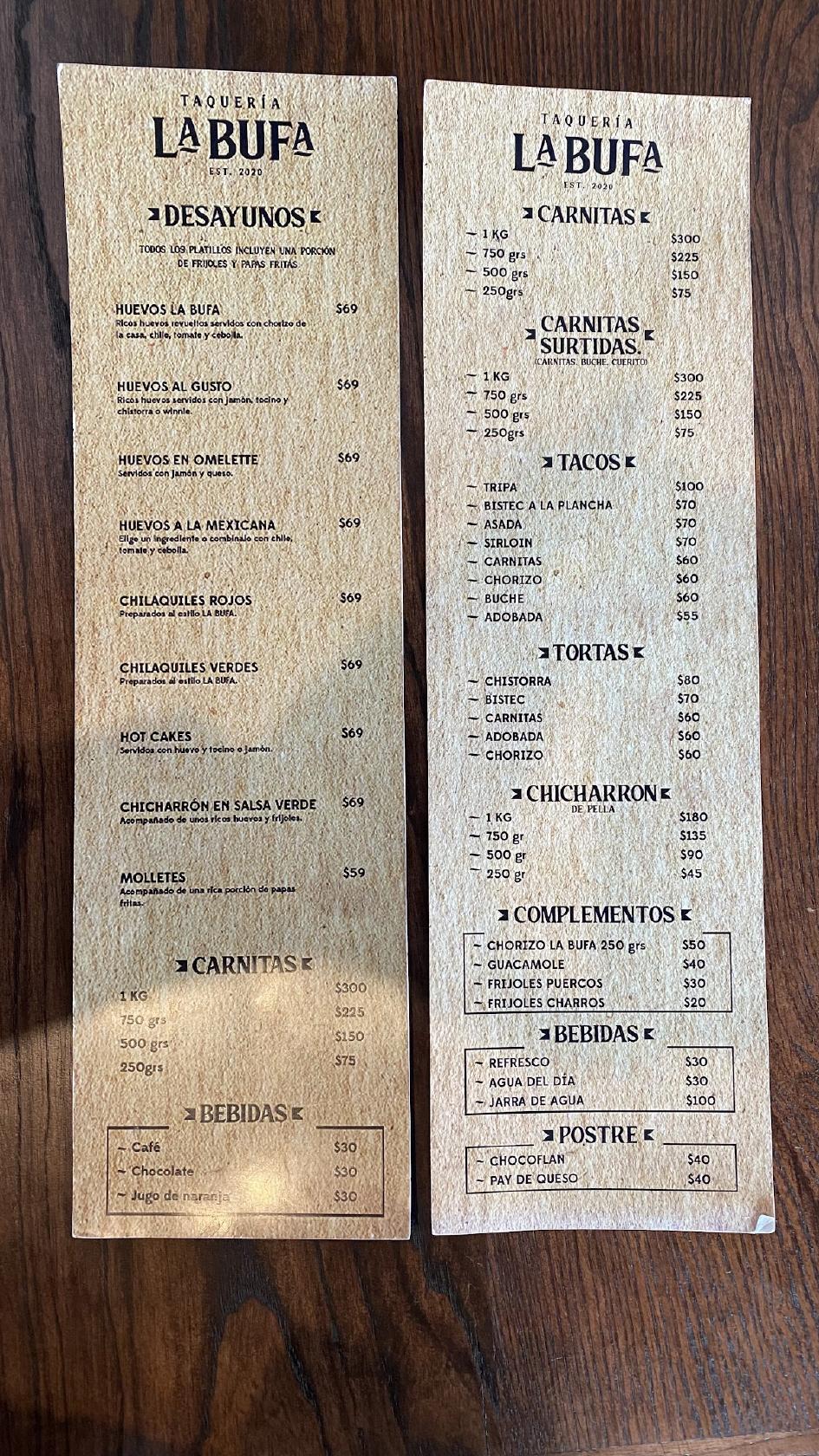 Menu at Taquería La Bufa restaurant, Ciudad Juarez