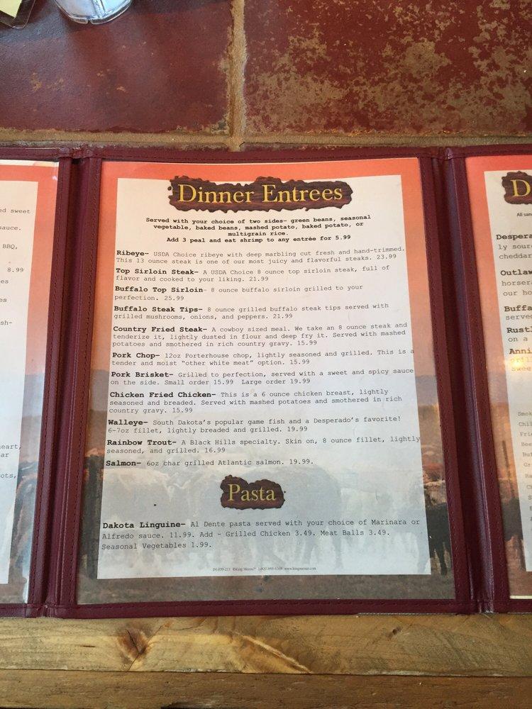 Menu at Desperados steakhouse, Hill City