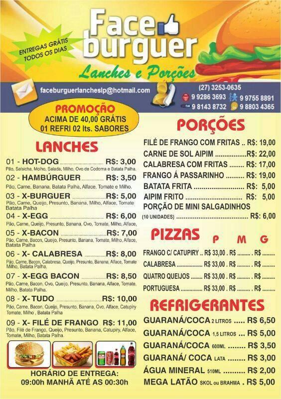 Menu at Face Burguer Lanches E Porções restaurant, Serra