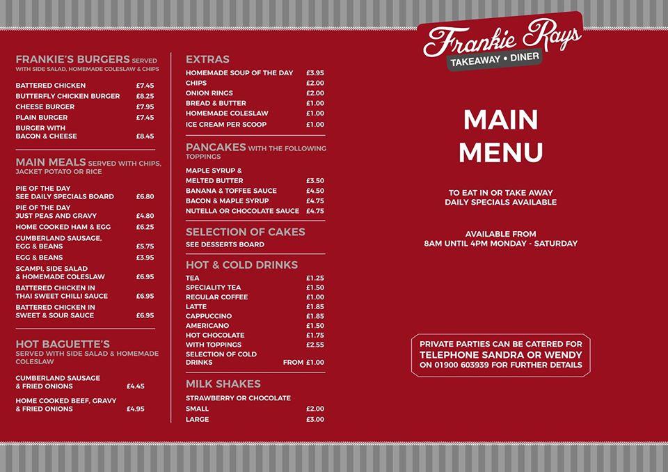 Menu at Frankie Rays restaurant, Workington