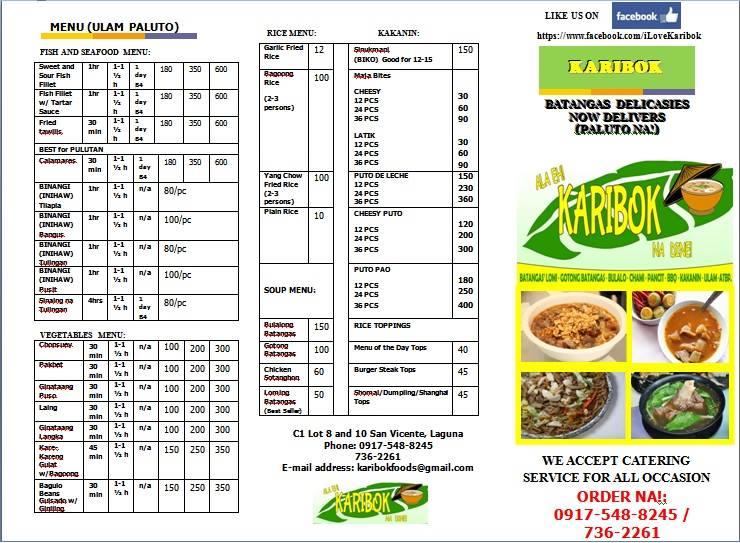 Menu at Karibok restaurant, San Pedro