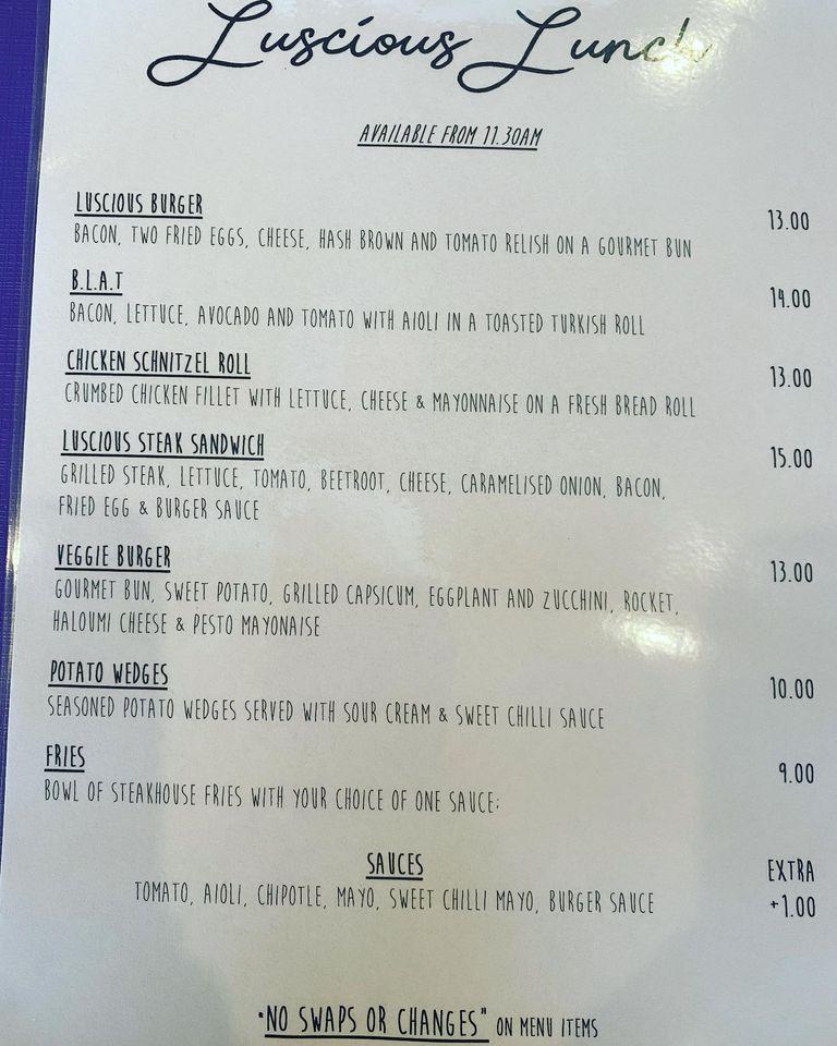 Menu at @Luscious Cafe & Bar, Korumburra