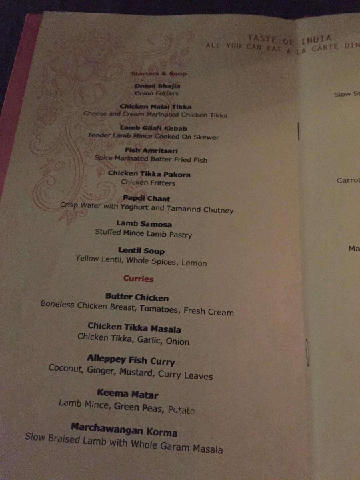 Menu at Rangoli restaurant, Abu Dhabi, Yas Island Rotana