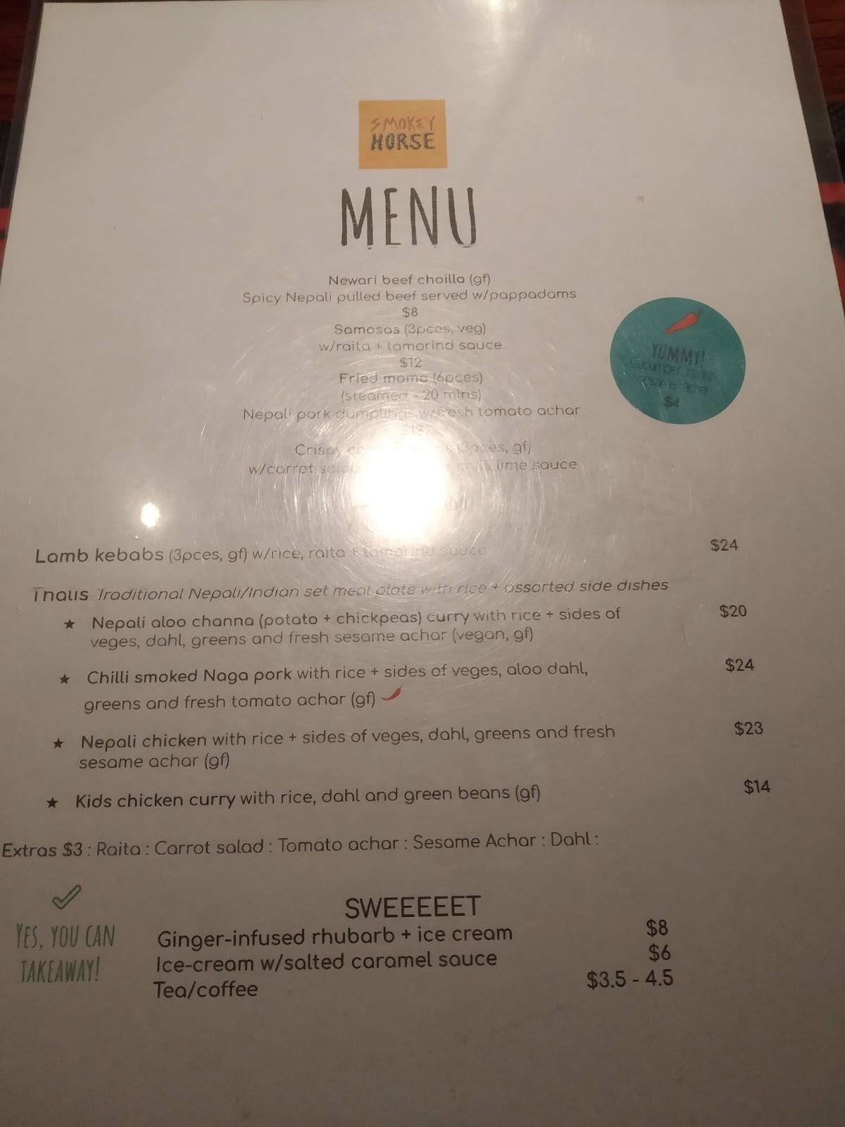 Menu at Smokey Horse restaurant, Braidwood