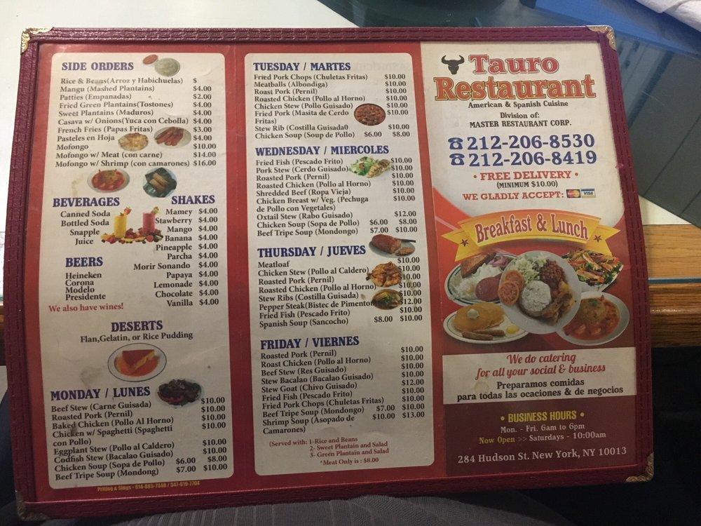 Menu at Tauro restaurant, New York City, 284 Hudson St
