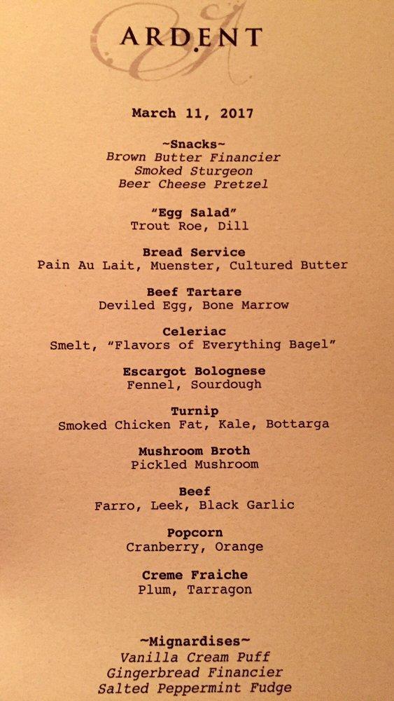 Menu at Ardent restaurant, Milwaukee