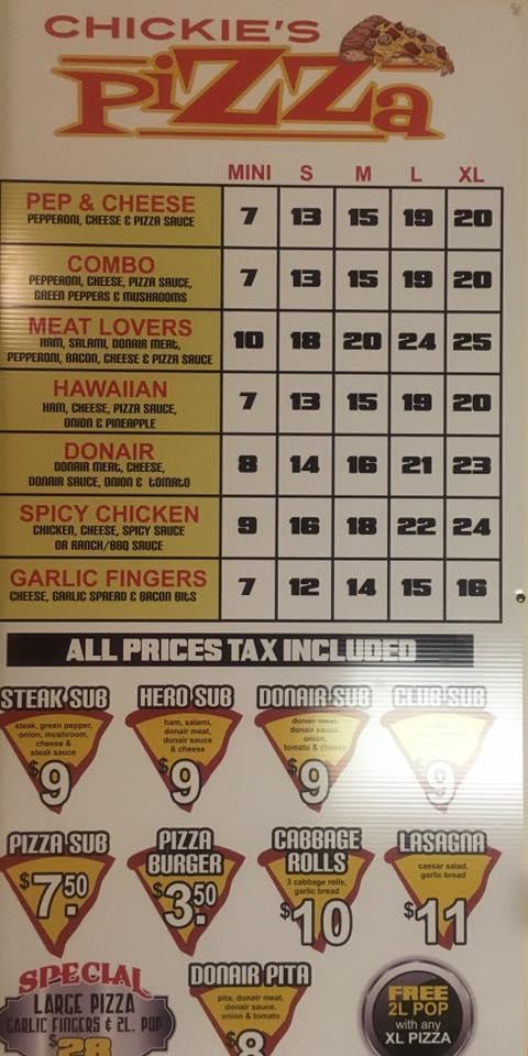 Menu at Chickie's Pizza restaurant, Glace Bay, 117 Commercial St