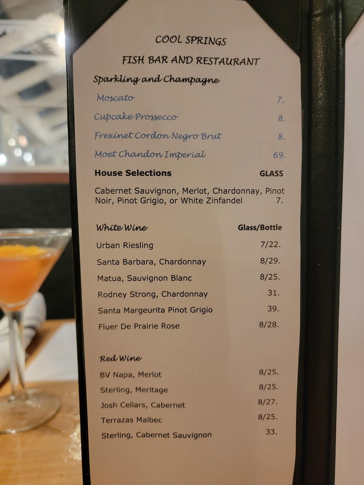 Menu at Cool Springs Fish Bar & Restaurant, Dover