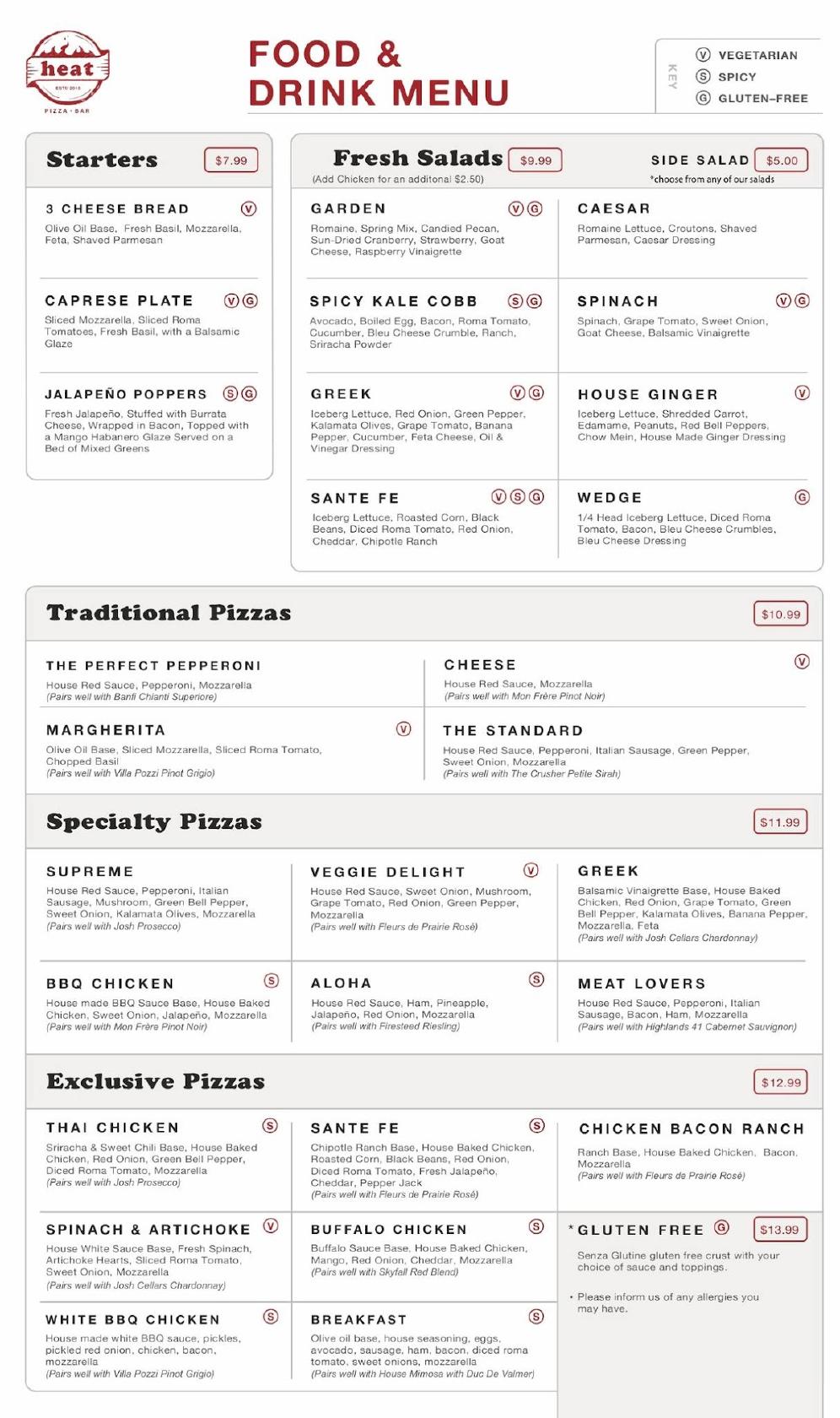 Menu at Heat Pizza Bar, Tuscaloosa, 6th St