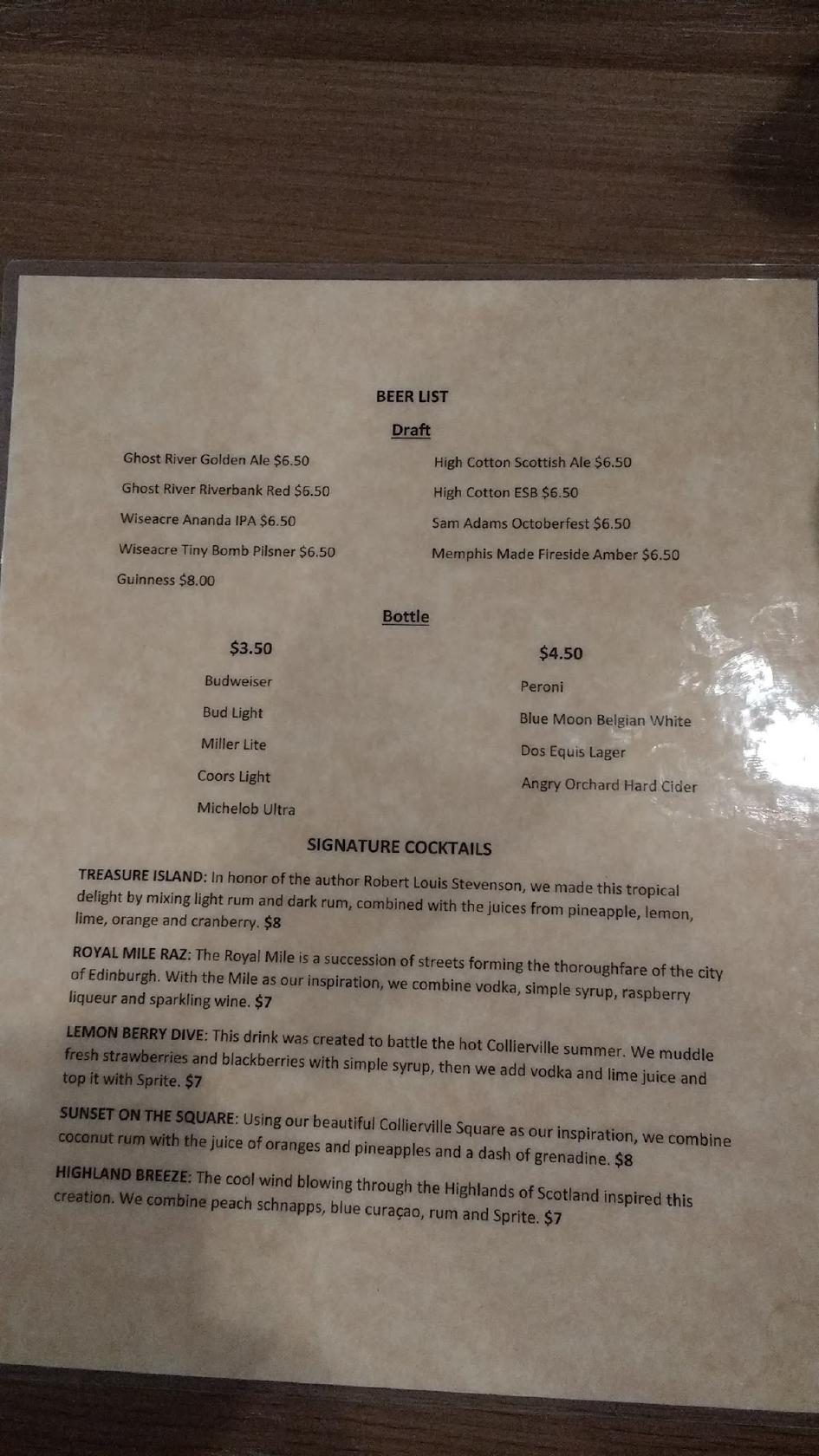 Menu at Highlander Scottish Pub, Collierville