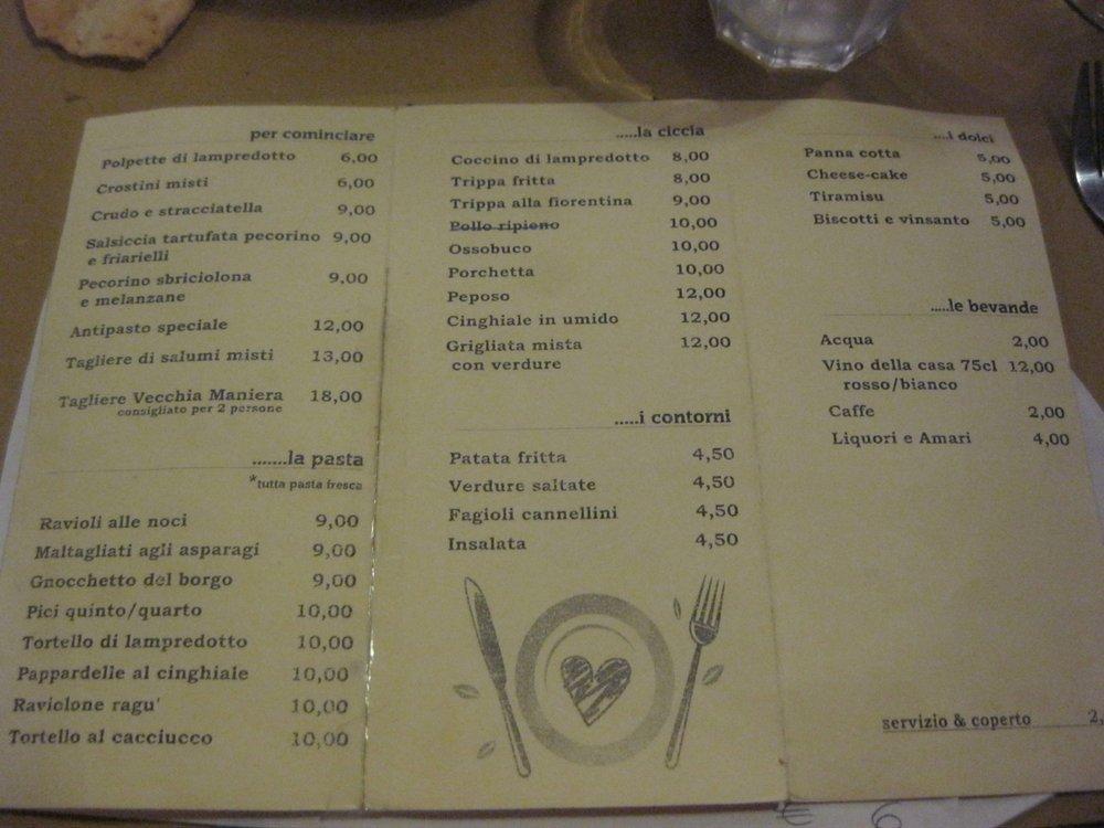 Menu da La Vecchia Maniera ristorante, Firenze