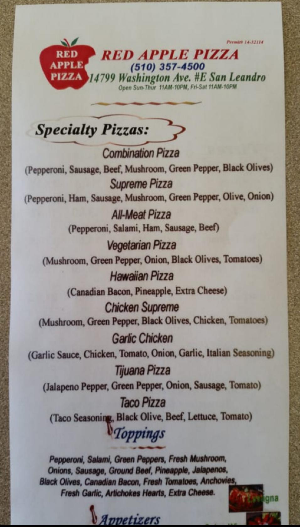 Carta de pizzería Red Apple Kitchen, San Leandro