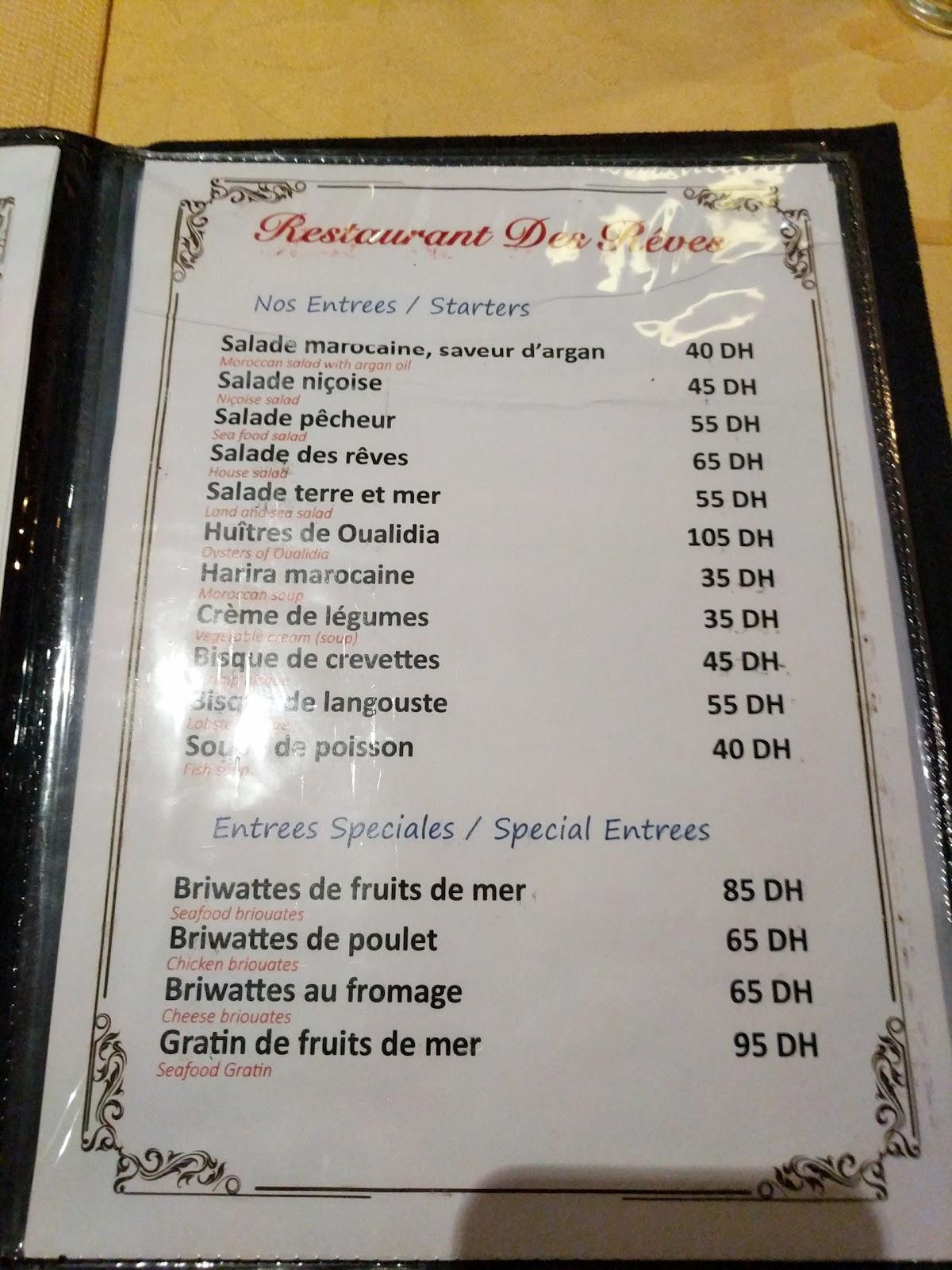 Menu at Restaurant des Rêves, Essaouira