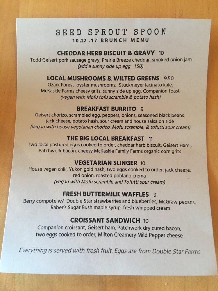 Menu at Seed Sprout Spoon restaurant, St. Louis